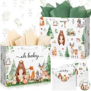 buryeah 2 pack 13" large baby gift bags with tissue paper greeting cards, woodland animal paper gift wrap bag with handles and envelopes for baby shower kids birthday party