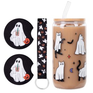 halloween glass cups, 18oz halloween cute ghost cat glass cup w/lids straws, halloween tumbler mug, halloween spooky gifts, boo basket stuffers, with halloween car coasters and keychain wristlet