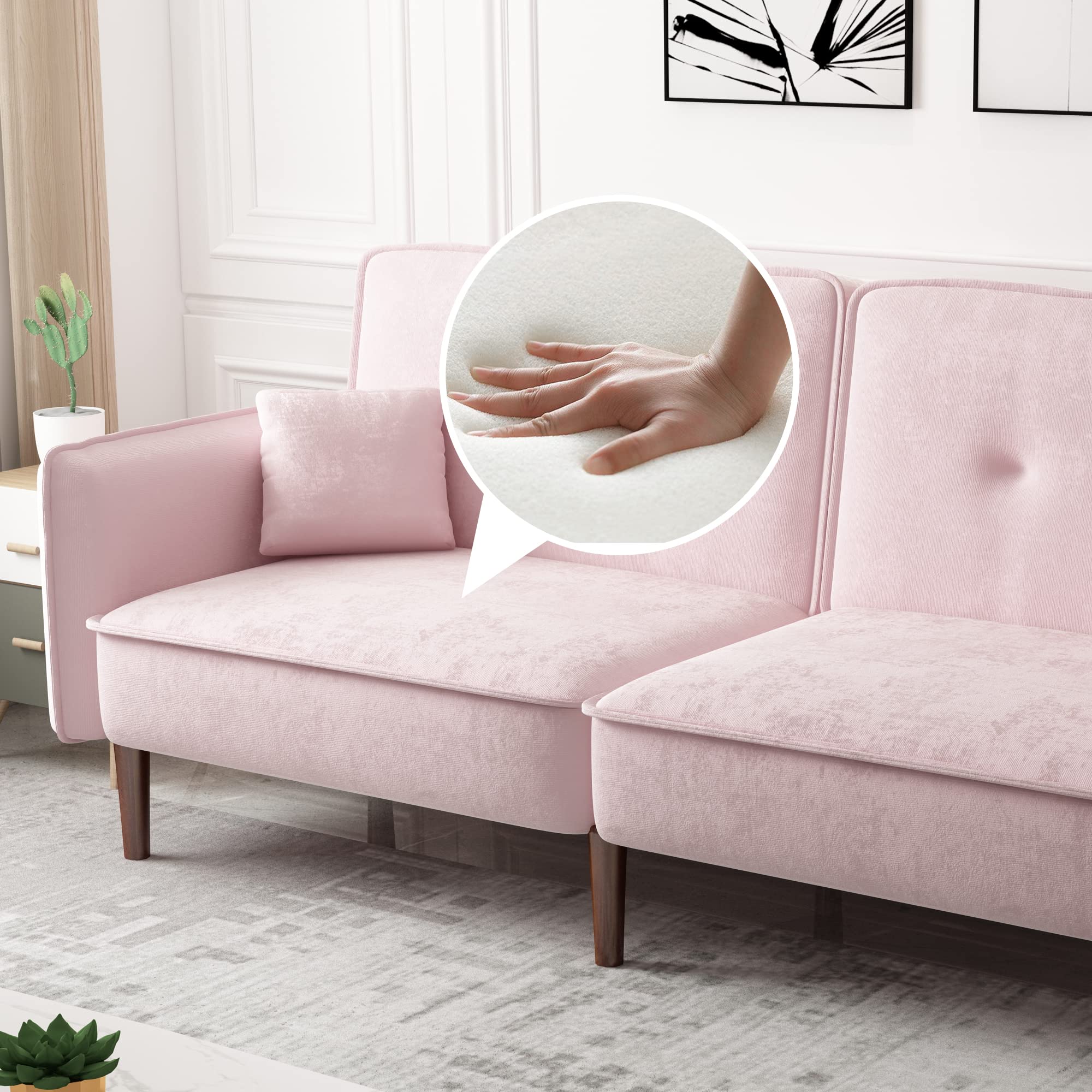 LOPOO Modern Convertible Sleeper Futon Sofa Bed with Solid Wood Legs, Stylish Fabric Upholstery, Foldable Loveseat Velvet Couch, Comfortable Foam Filling, 2 Side Pockets, 3 Positions, Pink