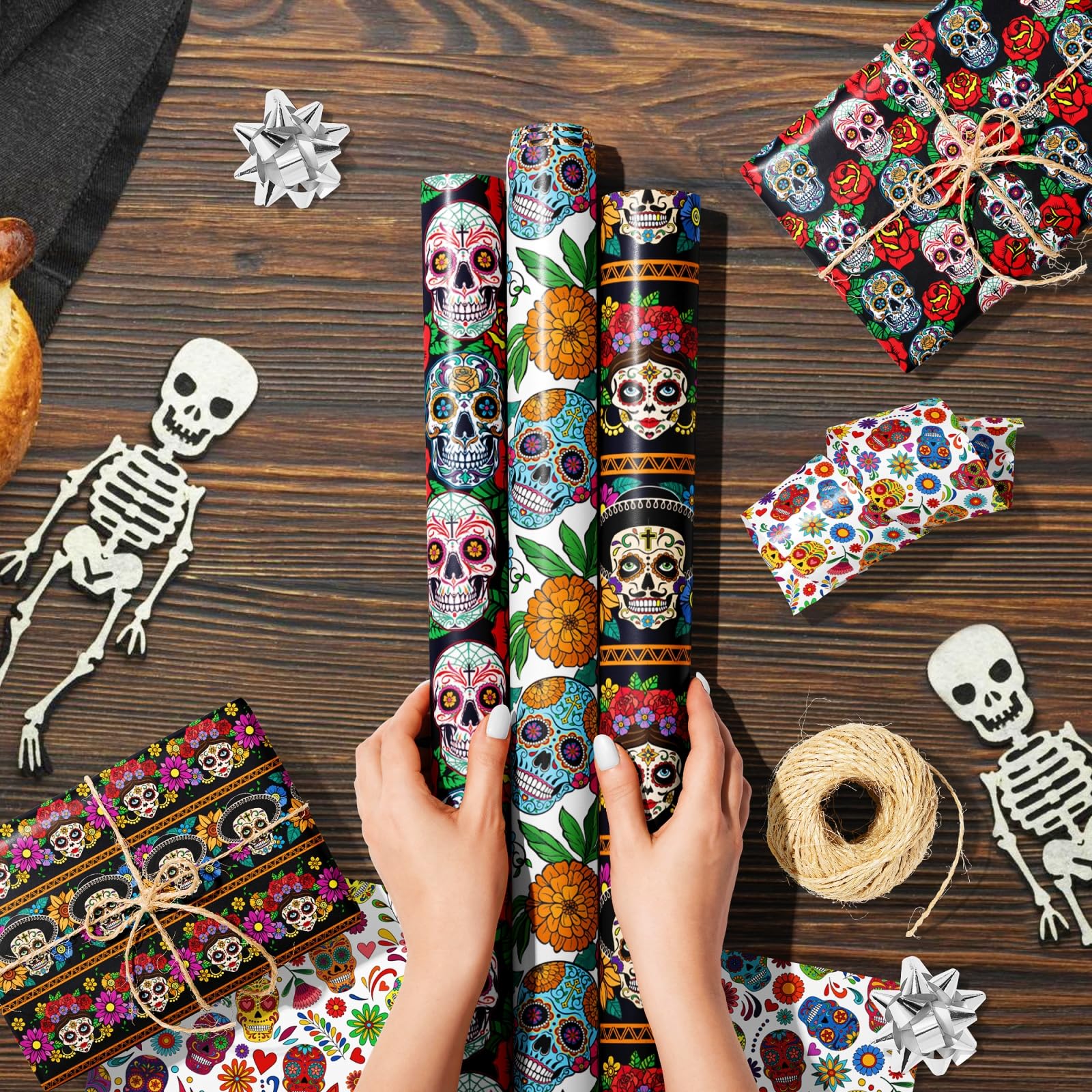 YVAINE ​​​​​​12 Sheets Day of the Dead Wrapping Paper Mexican Sugar Skull Wrapping Paper Folded Flat Art Paper for Dia De Los Muertos Halloween Birthday Party, ​​​​20 x 27 Inches