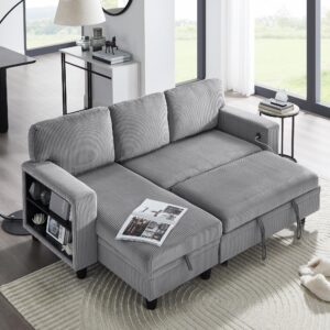 redlemon 80”l-shaped sleeper sofa bed,convertible sectional couch and pull-out bed,with storage chaise,built-in bookshelves and usb charging ports - light grey