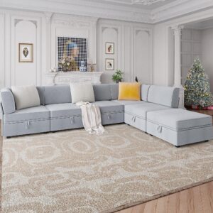 Lvifur 115” Sectional Couches for Living Room, Modern Modular Sofas with Storage, U/L Shaped 6 Seat Convertible Couch Sofa Set with Removable Cushion Cover (Light Grey)