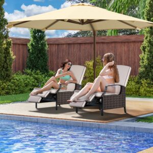 YITAHOME Patio Outdoor Recliner Chairs Set of 2 Adjustable Wicker Reclining Lounge Chairs, Dual-use Rattan Lounge Chairs with Soft Thick Cushions, Extended Footrest, Flip Back (Brown + Beige)