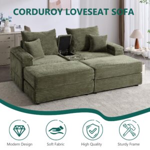 Suheww Oversized Loveseat Sectional Sofa Couch with Ottomans, Oversized 2-Seater Green Corduroy Chaise Lounge Chair with USB Ports, Corduroy Sofa Double-Upholstered Comfy Sleeper Sofa for Living Room