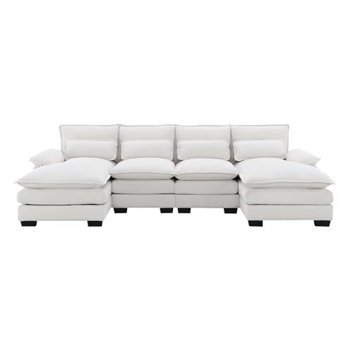 U Shaped Sectional Couches for Living Room, 110" Sectional Sofa with Waist Pillows, Symmetrical Sleeper Sofa Couch with Double Chaise Lounge, Modular Sofa for Living Room Furniture Sets, White