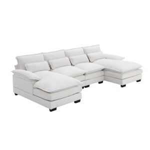 U Shaped Sectional Couches for Living Room, 110" Sectional Sofa with Waist Pillows, Symmetrical Sleeper Sofa Couch with Double Chaise Lounge, Modular Sofa for Living Room Furniture Sets, White