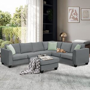 lostcat 112" sectional couches for living room sets, 7 seats modular couch with ottoman, fabric l shape couch with 3 pillows, convertible corner couch set, sectional sofa set for living room, grey