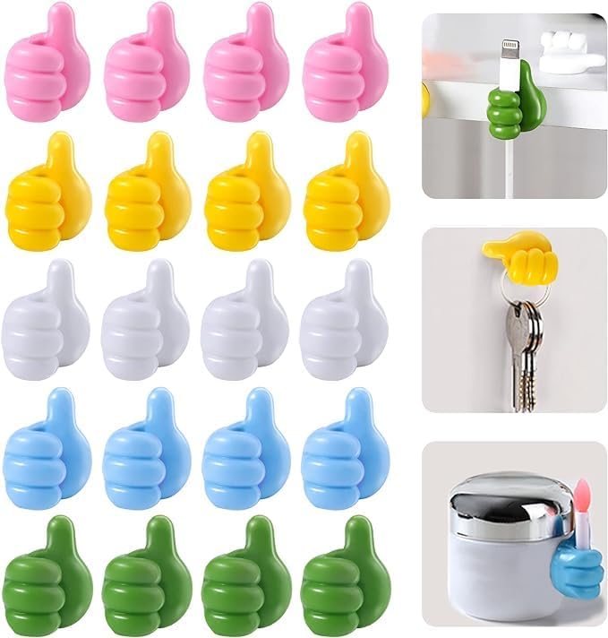 20 Pcs Self Adhesive Silicone Thumb Hooks – Multifunction Thumb Up Wall Hooks for Cable Clip, Key Holder, Wire Management, Small Command Hooks – Versatile Wall Hangers