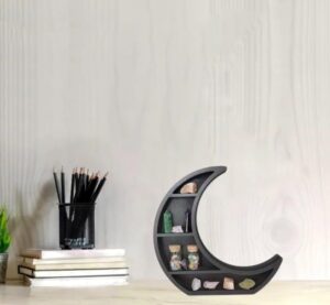 aesthetic moon shaped decorative desk shelf, black accent shelf cystals