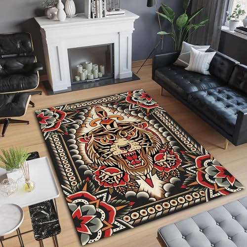 wisemandesign Tattoo Design Rug, Tiger Themed Rug, Traditional Tattoo Rug, Custom Rug, Popular Rug, Cheap Rug, Living Room, Personalized Gift,Gift for (62X82inch//160x210Cm)