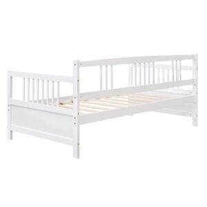 Merax Wood Twin Daybed, Wooden Sofa Bed Guest Bed with Rails & Wood Slat Support, Dual-use Twin Size Platform Bed Frame for Living Room Bedroom, No Box Spring Needed, White