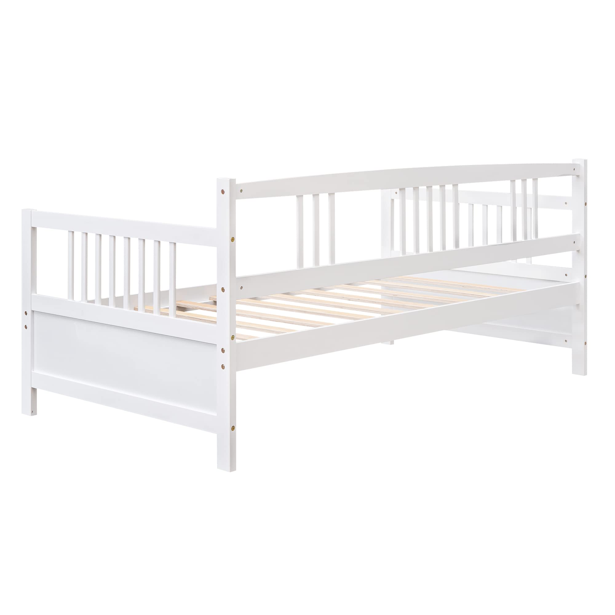 Merax Wood Twin Daybed, Wooden Sofa Bed Guest Bed with Rails & Wood Slat Support, Dual-use Twin Size Platform Bed Frame for Living Room Bedroom, No Box Spring Needed, White