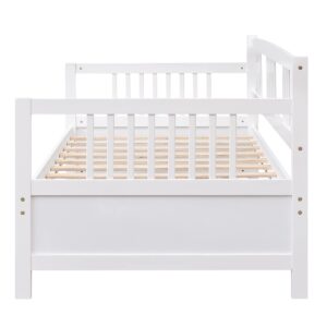 Merax Wood Twin Daybed, Wooden Sofa Bed Guest Bed with Rails & Wood Slat Support, Dual-use Twin Size Platform Bed Frame for Living Room Bedroom, No Box Spring Needed, White