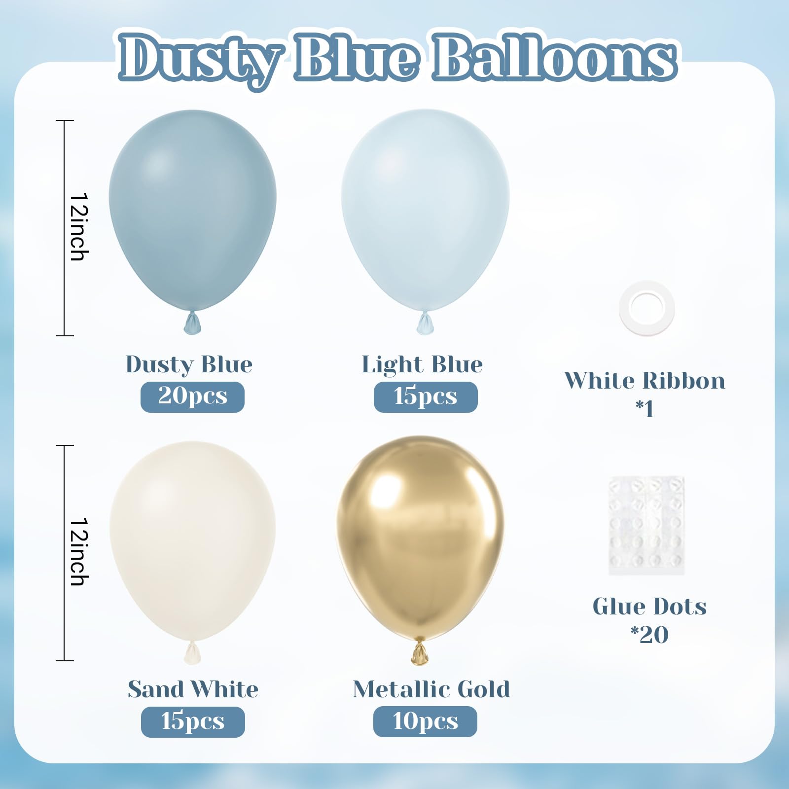 61pcs Dusty Blue Balloons, 12 Inch Dusty Blue Sand White Metallic Gold Balloons with Ribbon for Wedding Bridal Shower Birthday Party Baby Shower Decorations