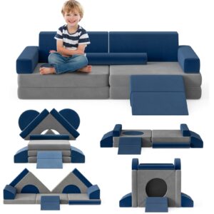 umomo 13 pcs modular kids play couch building fort, floor sofa funiture for playroom and bedroom, indoor outdoor playhouse play set for kids, toddlers, blue & gray