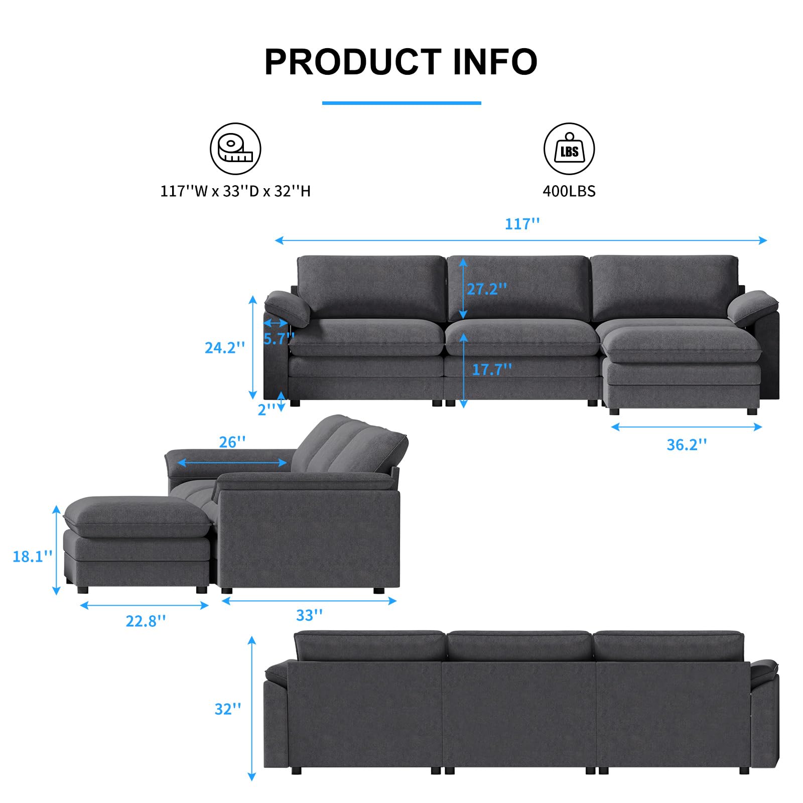 PUREMIND Sectional Sofa, L Shape Sofa, Cloud Couch Dupe with Movable Ottoman, 3-Seat Sofa for Living Room and Apartment,117'' (Dark Grey)