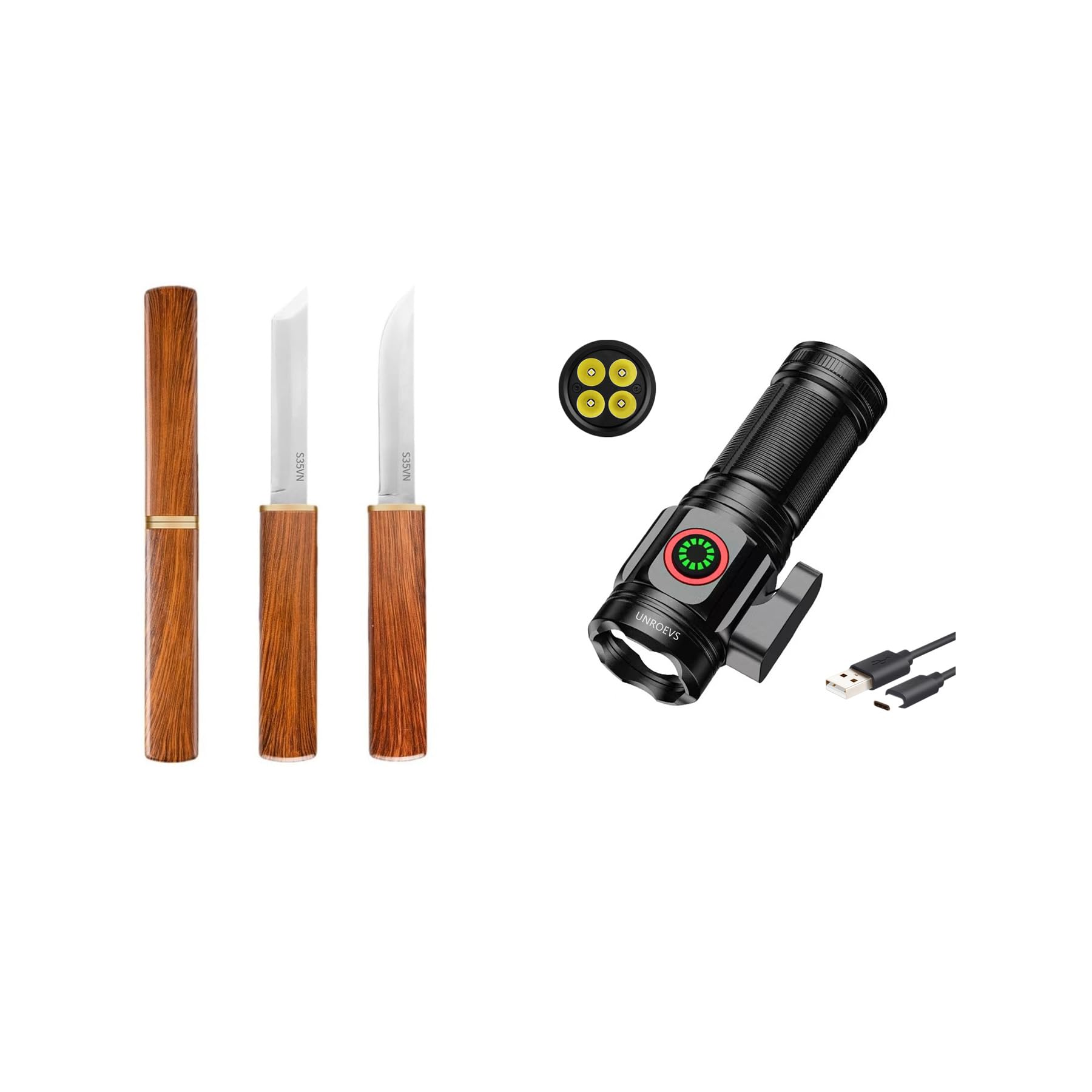 UNROEVS Kitchen knife Set,Double Knife with Stainless Steel Paring Knife Bundle with XC02 Mini Flashlight Rechargeable with Seatbelt Cutter,Pocket Flashlights High Lumens 5 Modes