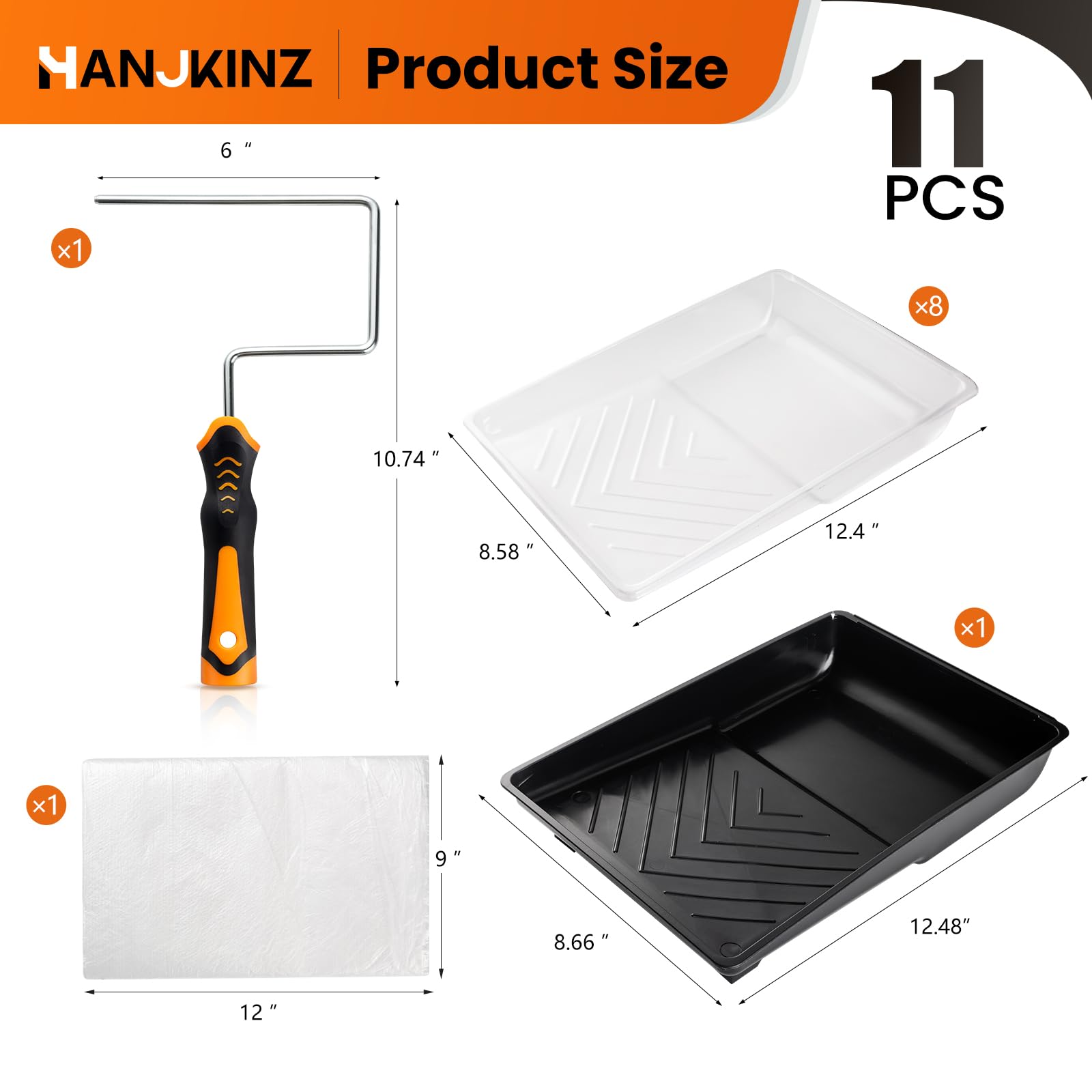 HANJKINZ Paint Tray, 11 Pcs, 6 inch Paint Tray Kit with Disposable Tray Liners and 6 Inch Paint Roller Frame, 9x12 Plastic Feet Drop Cloth for Painting