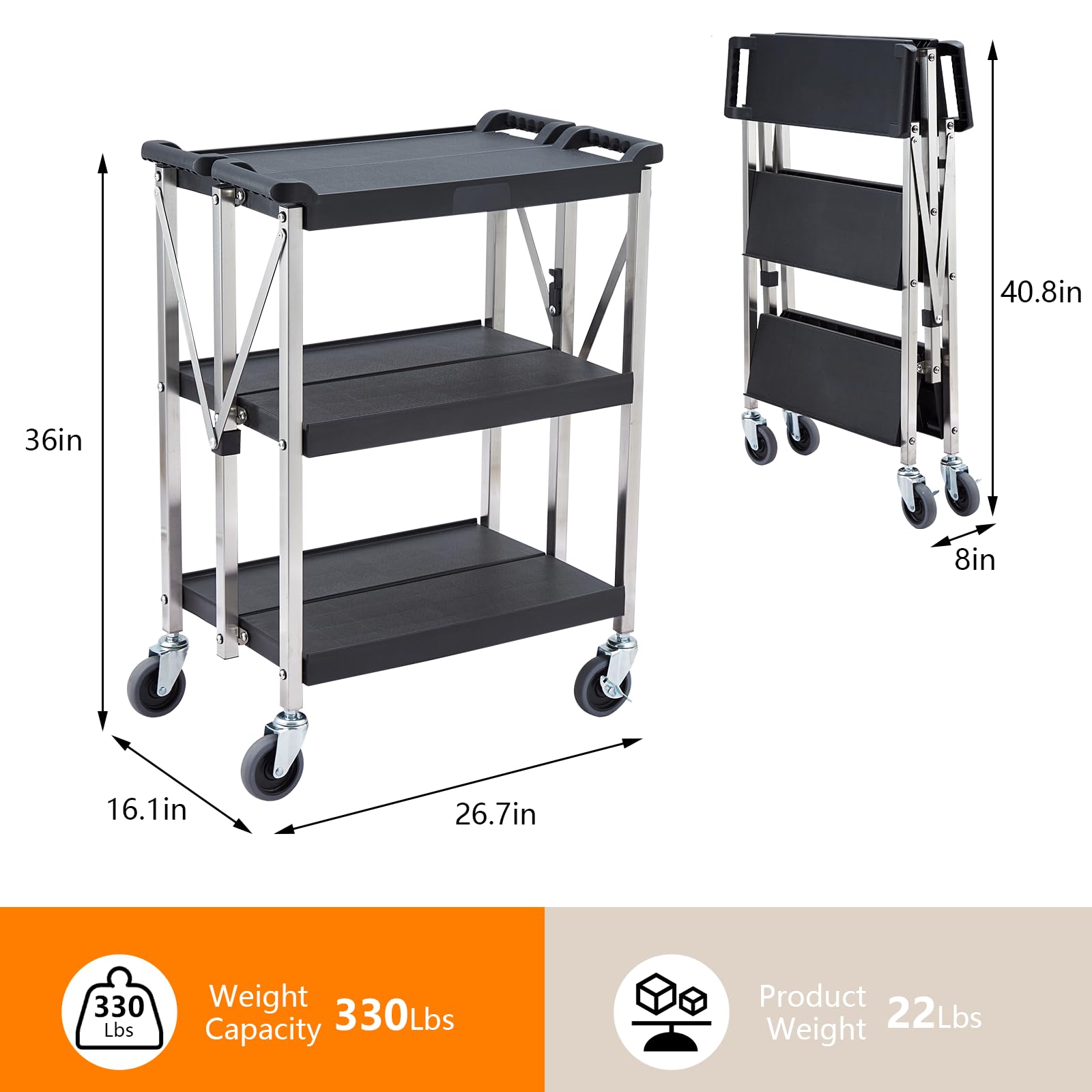 Foldable Utility Service Cart w/ 360°Swivel Wheels Lockable, 330Lbs Load Capacity, XL 3-Tier Tool Carts for Restaurant Garage Office Outdoor Storage and Transport, Stainless Steel Frame