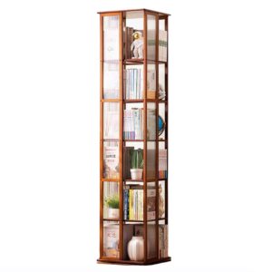 360° rotating bookshelf, 6 tier floor-standing acrylic bookcase for kids adults, spinning display shelf books storage rack for small space living room, study room (brown)