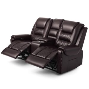 large massage recliner loveseat with lumbar heating, pu leather reclining sofa chairs, ergonomic living room chairs with cup holders and remote control, brown