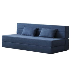 kaxiti folding sofa bed, 3-in-1 convertible sleeper chair with pillow, linen foldable mattress futon, memory foam floor couch for living room/dorm/guest room/home office/bedroom, queen, navy blue