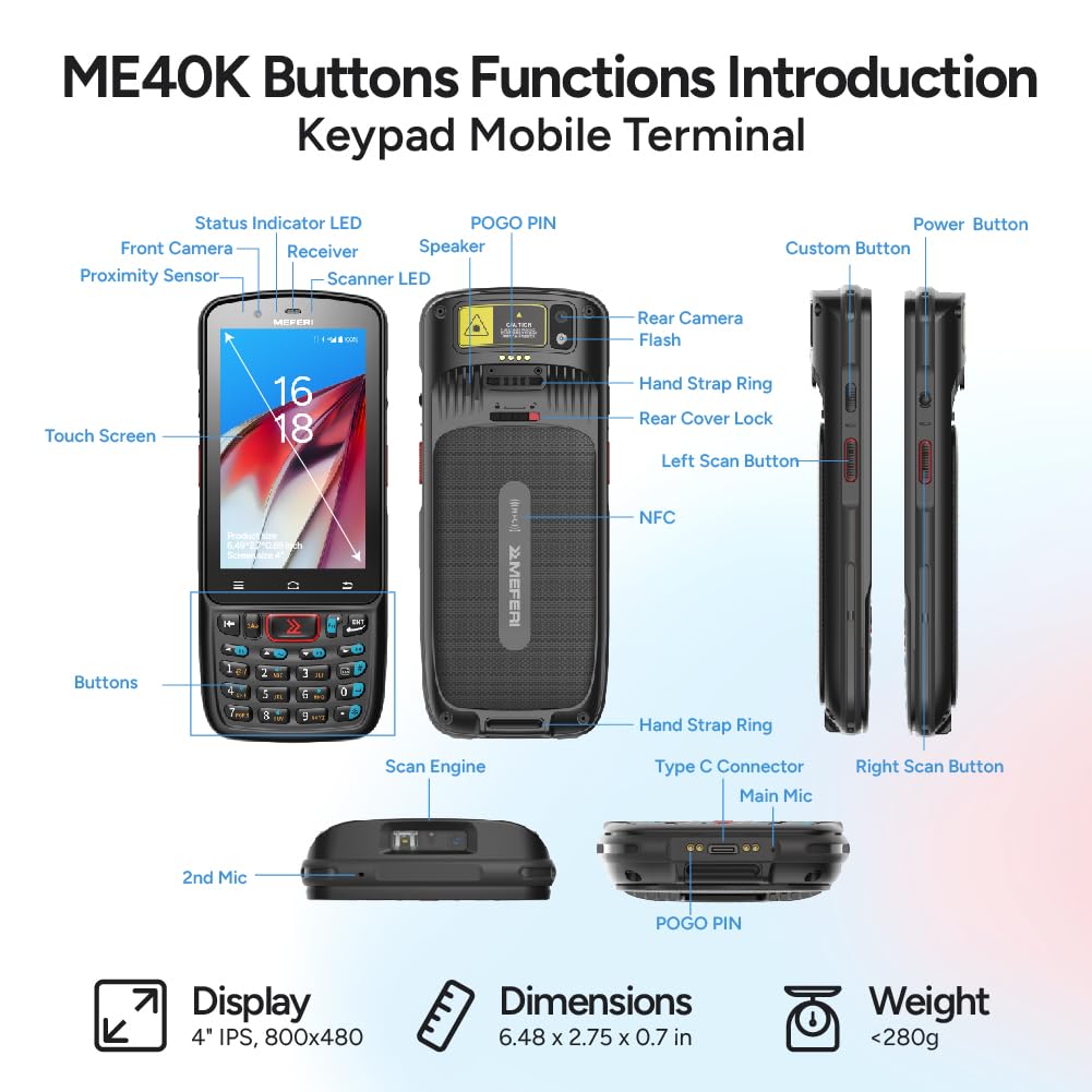 MEFERI Android Barcode Scanner ME40K, Equip with SE4710 Zebra Scanner, 4”Screen 4+64GB 5180mAh, Android 12 PDA Handheld Computer with Keypad Qualcomm CPU, 1D/2D/QR, Rugged 4G GPS NFC, PDA for WMS