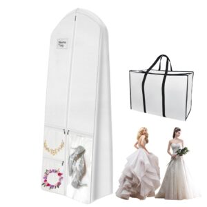 wedding dress garment bags for hanging clothes and travel 70" dress bags for gowns long with bride tote bag suitable for women long dress down fur,white