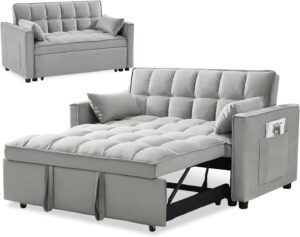 weagp 3 in 1 sleeper sofa couch bed, velvet convertible loveseat sleeper sofa with 3 level adjustable backrest, storage pockets, toss pillows, pull out loveseat sleeper for living room, grey