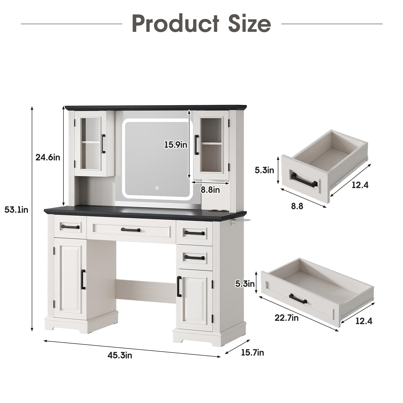 Maupvit Farmhouse Vanity Desk with Mirror and Lights, Makeup Vanity Table with Charging Station, 45" Bedroom Table with 4 Drawers and Cabinets, 3 Lighting Modes, White