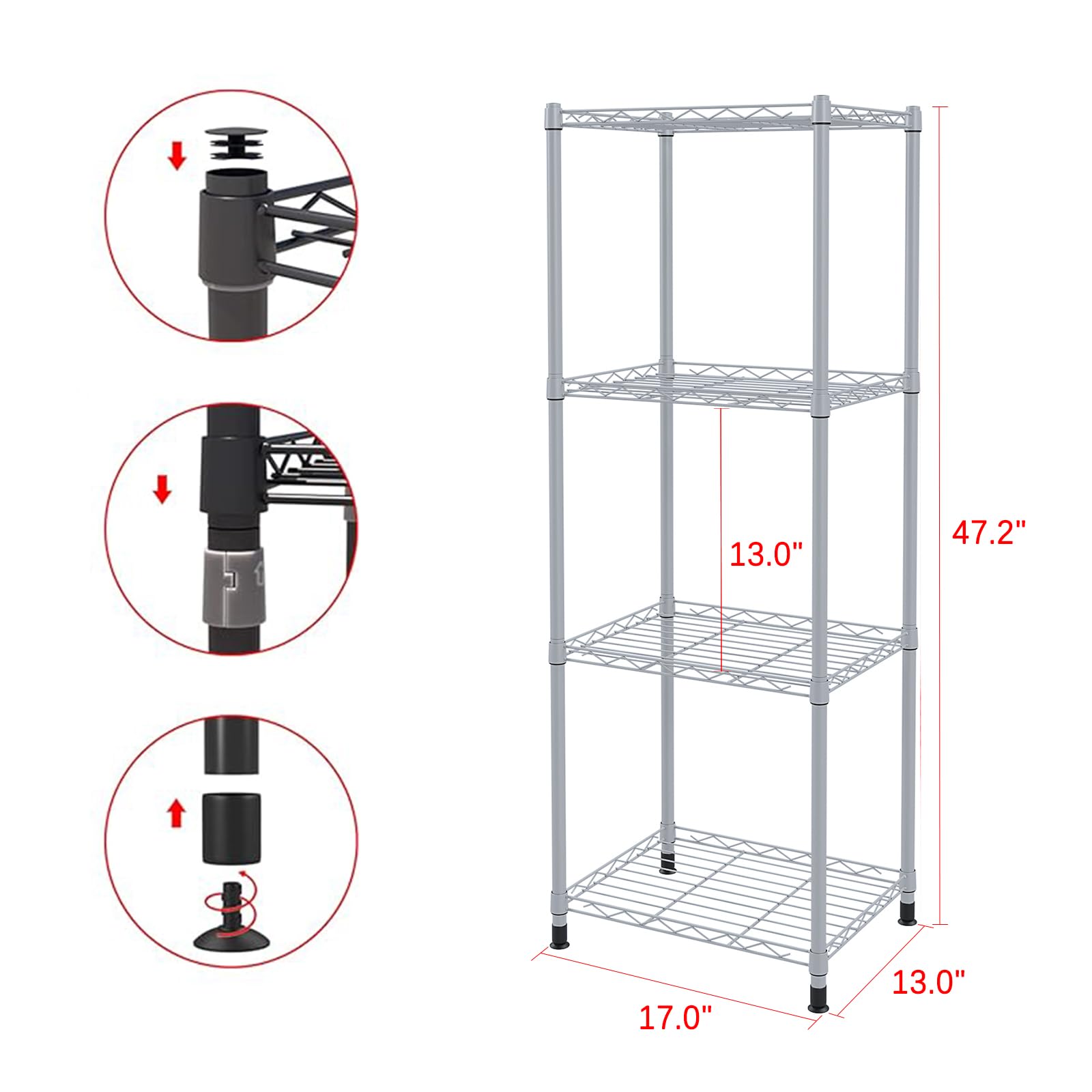 YisanCrafts Storage Shelf Metal Storage Rack Wire Shelving Unit Storage Shelves Metal 4 Tier Fixed Layer Spacing 528Lbs Capacity 17" L x 13" W x 47" H for Pantry Closet Kitchen Laundry Grey