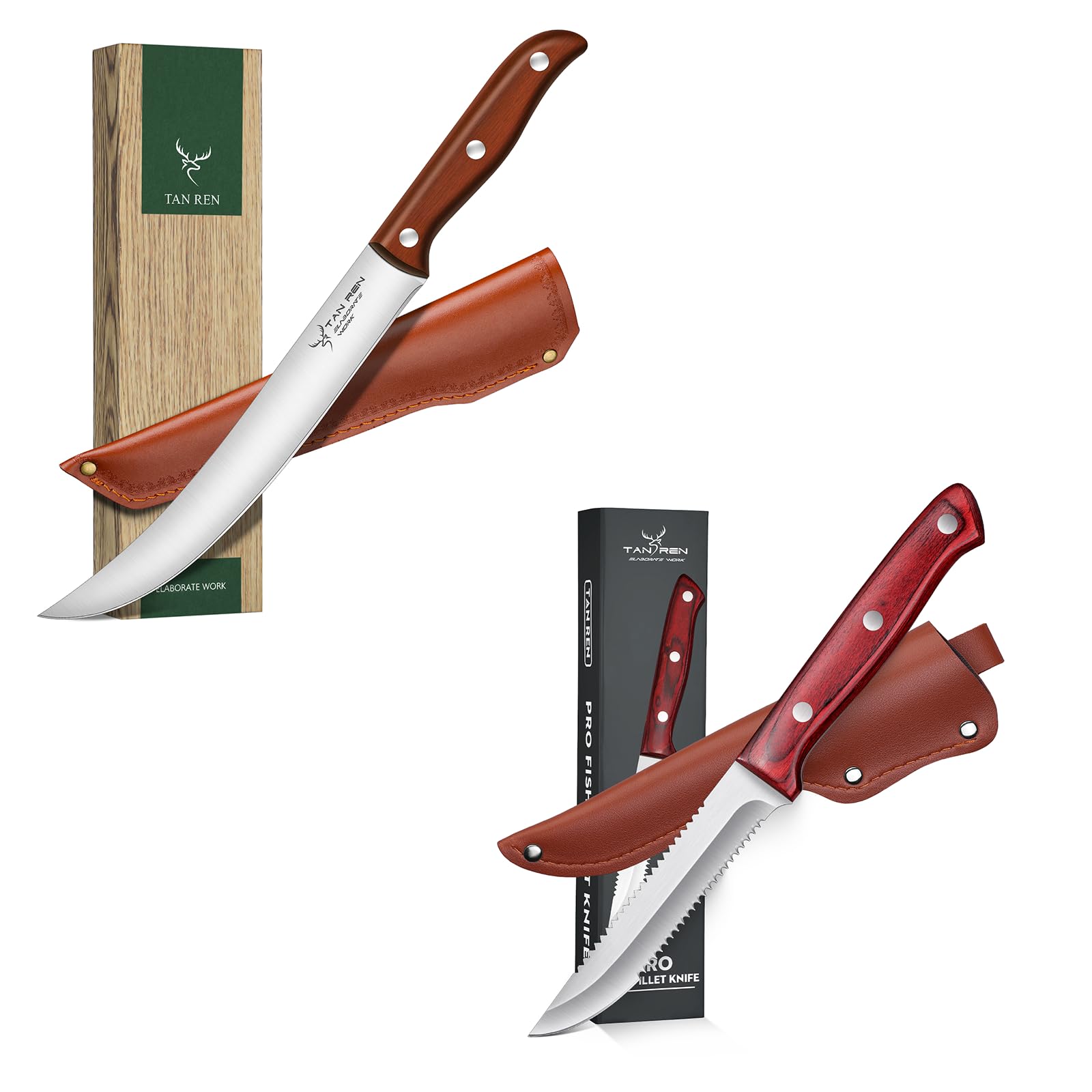 TAN REN 5 inch Fillet Knife and 8 Inch Boning Knife for Filleting and Boning, Brisket Knife with Sheath, Bait Knife Saltwater with Sheath