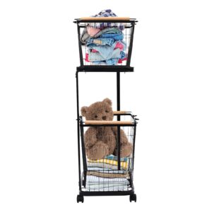 rolling laundry bakset on wheels, 2-tier metal laundry hamper basket butler cart with 2 removable baskets and 4 universal wheels for kitchen, bathroom, laundry room