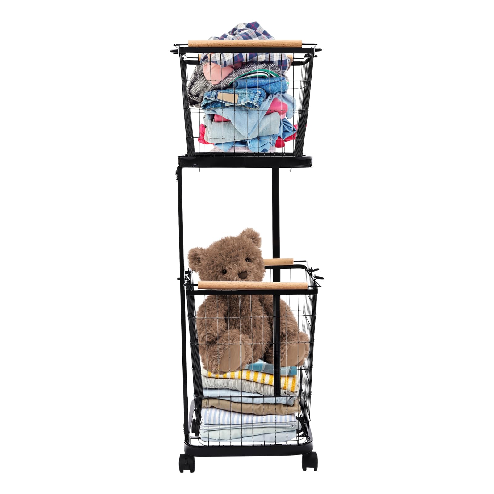 Rolling Laundry Bakset on Wheels, 2-Tier Metal Laundry Hamper Basket Butler Cart with 2 Removable Baskets and 4 Universal Wheels for Kitchen, Bathroom, Laundry Room