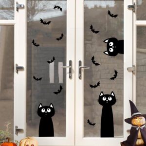 SIKERIC Halloween Black Cat and Bat Window Decals, Spooky Halloween Cat Wall Stickers, Vinyl Halloween Wall Murals, Peel and Stick Halloween Window Decor Art, Halloween Cat Window Clings Decorations