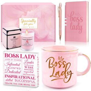 boss lady gifts for women, thank you gifts for her, boss appreciation gifts for leader, thanksgiving christmas gifts for mom birthday present boss coffee mug acrylic sign notebook ballpoint pen candle