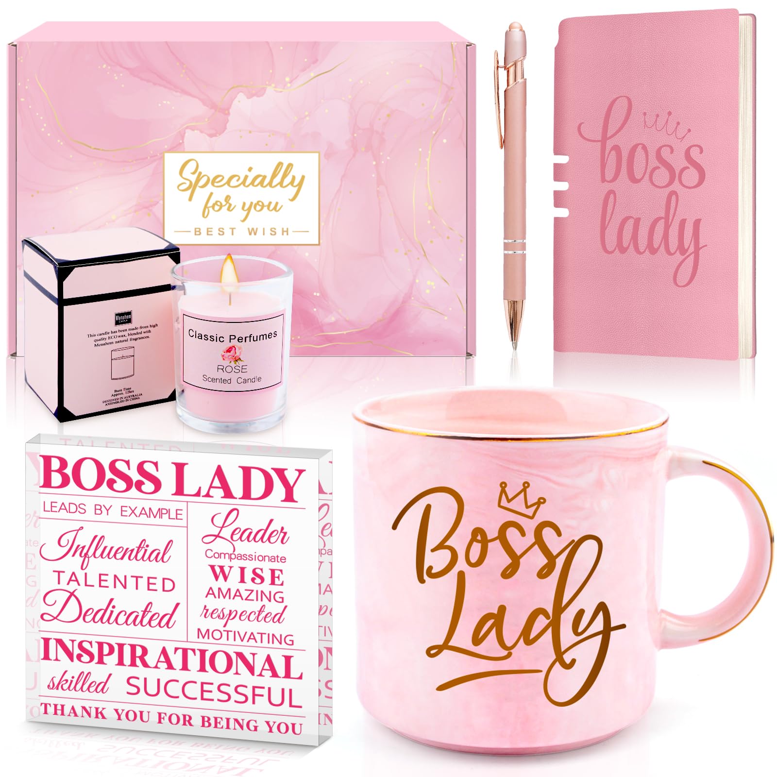 Boss Lady Gifts For Women, Thank You Gifts for Her, Boss Appreciation Gifts for Leader, Thanksgiving Christmas Gifts For Mom Birthday Present Boss Coffee Mug Acrylic Sign Notebook Ballpoint Pen Candle