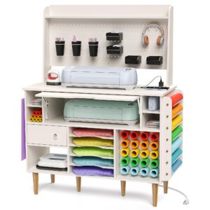 𝐂𝐫𝐚𝐟𝐢𝐭 craft table for cricut machines, organizers and storage cabinet with usb ports and outlets, crafting desk vinyl roll holder tool accessories organization with storage and pegboard