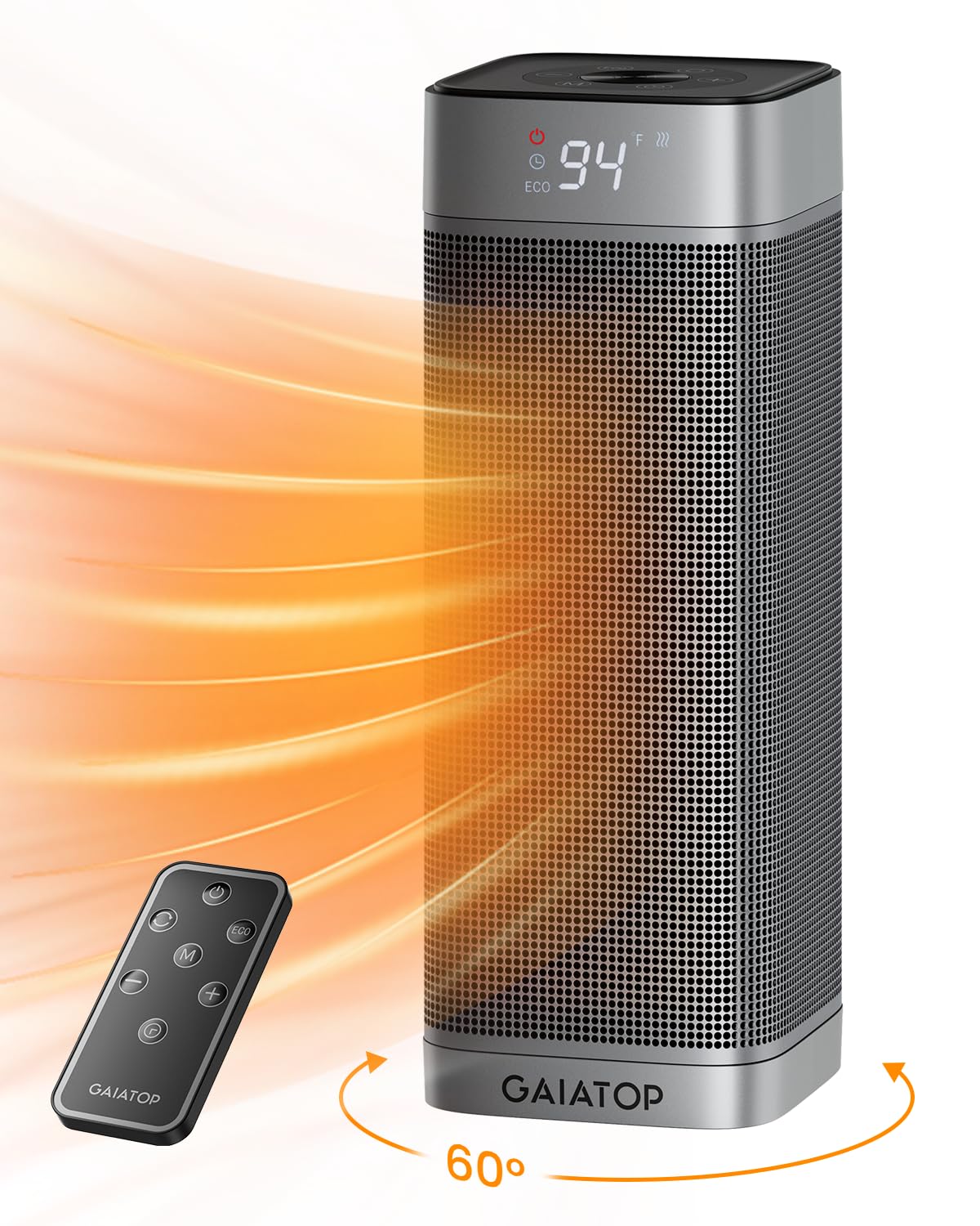 GAIATOP Space Heaters for Indoor Use, 1500W Portable Electric Heater, Quiet PTC Ceramic Heat with Thermostat, 5 Modes, Remote, 60° Oscillating, 12Hrs Timer, Powerful Wind for Bedroom Office Home