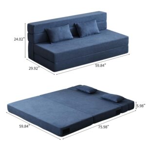 Kaxiti Folding Sofa Bed, 3-in-1 Convertible Sleeper Chair with Pillow, Linen Foldable Mattress Futon, Memory Foam Floor Couch for Living Room/Dorm/Guest Room/Home Office/Bedroom, Queen, Navy Blue