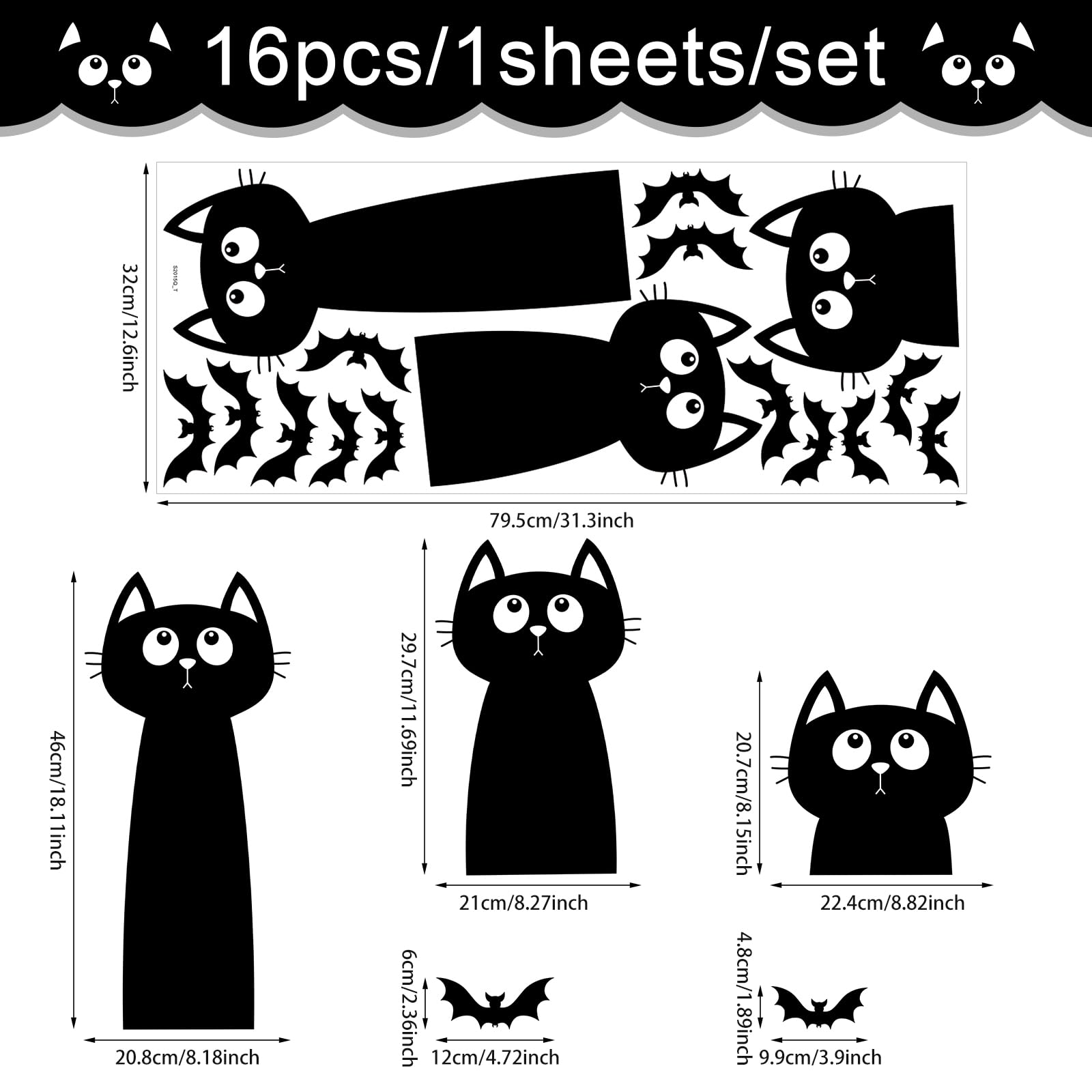 SIKERIC Halloween Black Cat and Bat Window Decals, Spooky Halloween Cat Wall Stickers, Vinyl Halloween Wall Murals, Peel and Stick Halloween Window Decor Art, Halloween Cat Window Clings Decorations