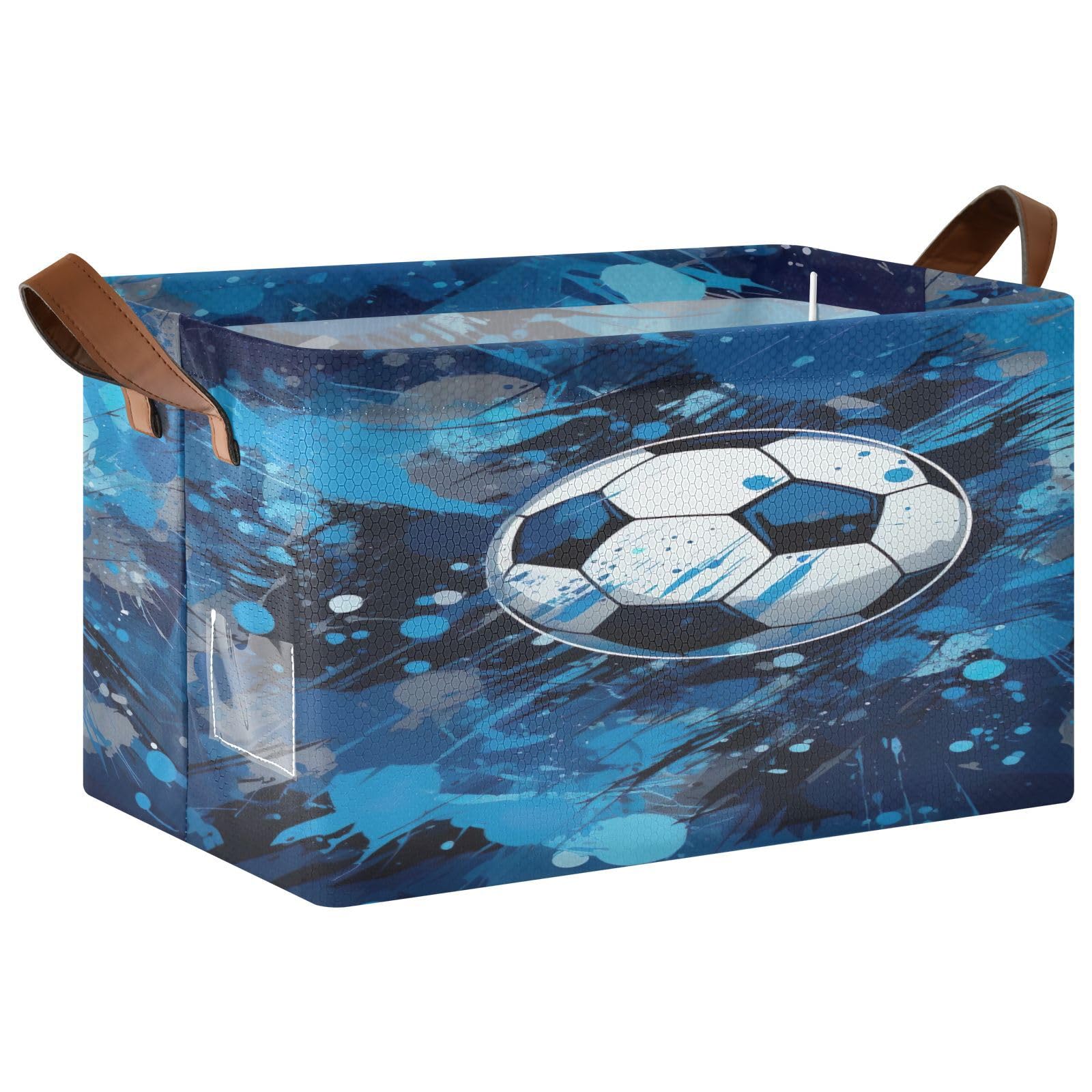 SPRIPORT Cartoon Soccer Ball Foldable Storage Cube for Shelves Fabric Storage Bin with Metal Frame & Double Handles Large Storage Box for Organizing Books Clothes Blankets Toys