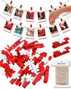 mini clothespins christmas clothes pins for photo red clothespins white snowflake wooden clips small close pins for picture polaroid craft display hanging wall card holder, 50 pcs with 33 ft string