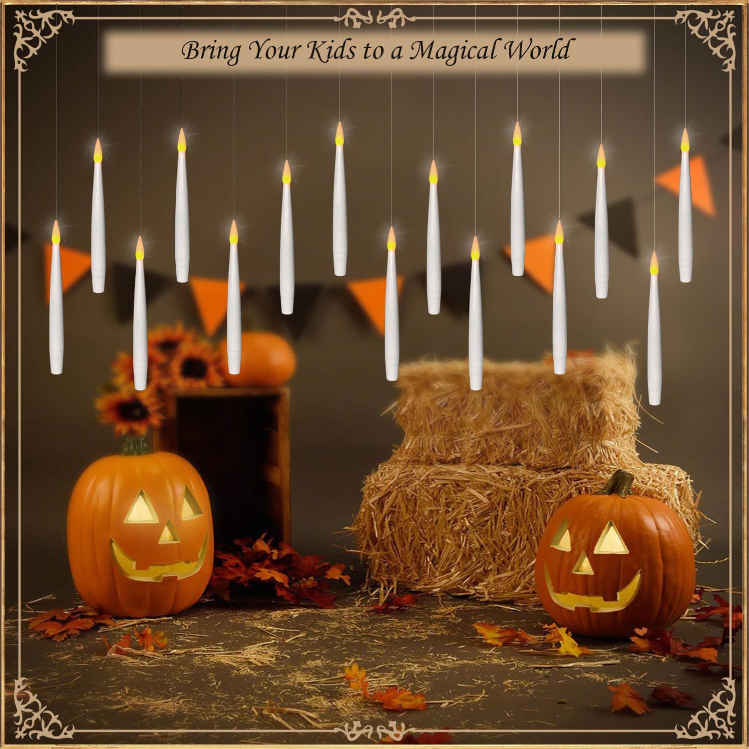 ZLIEC Halloween Decorations, 20 pcs Floating Candles with Magic Wand Remote, Flickering Warm Light, Hanging Flameless Taper Candles, Battery Operated Window Candle, Theme Party Decor, Birthday Gift