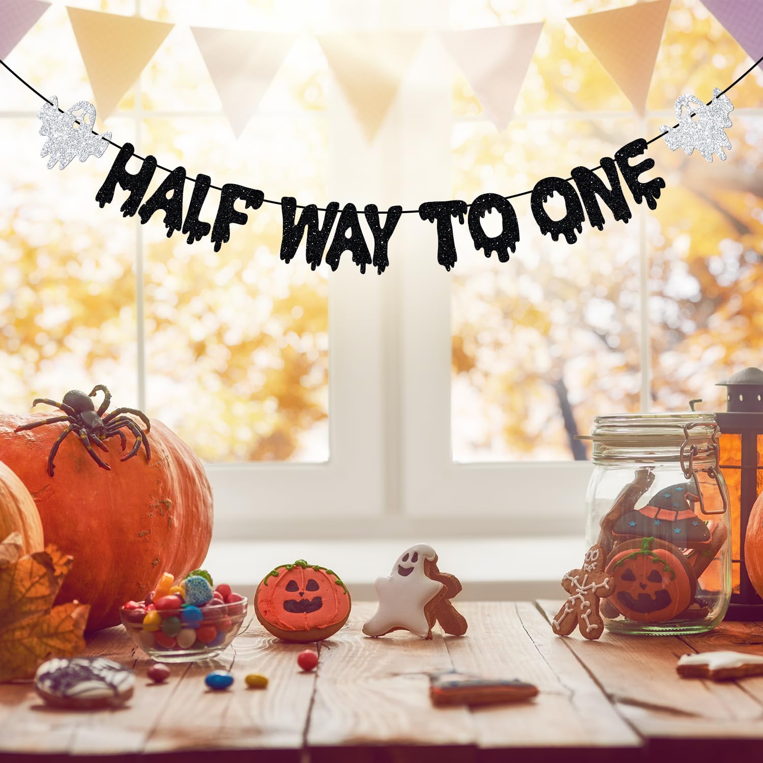 Halloween Half Way to One Banner, 6 Months Birthday Decorations, Half Birthday Decor, Little Boo, Halloween Baby Shower Birthday Party Decorations, Black Glitter