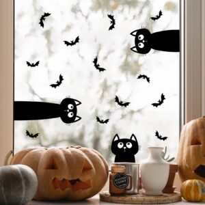 SIKERIC Halloween Black Cat and Bat Window Decals, Spooky Halloween Cat Wall Stickers, Vinyl Halloween Wall Murals, Peel and Stick Halloween Window Decor Art, Halloween Cat Window Clings Decorations