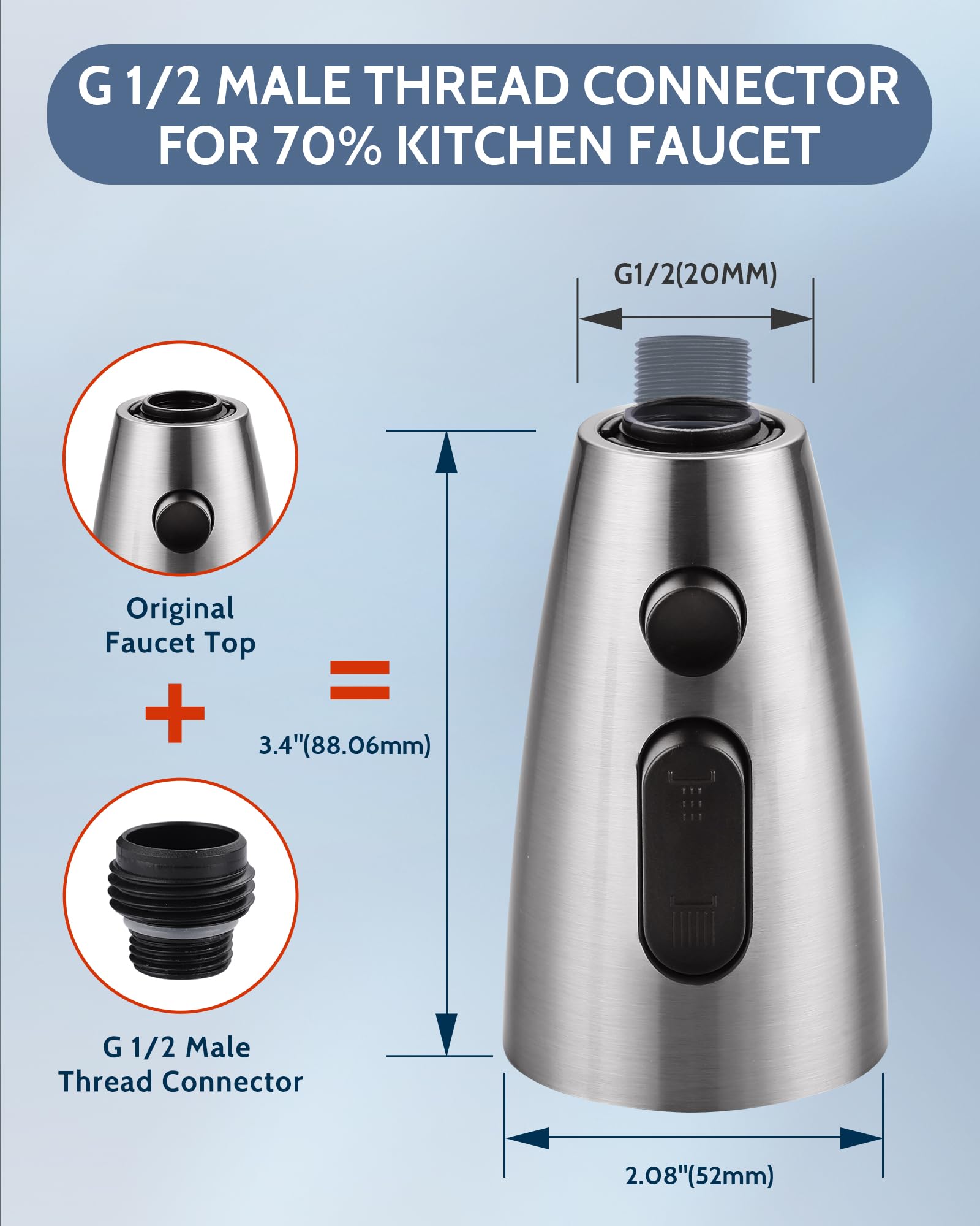 Kitchen Faucet Head Replacement:Stainless Steel Spray Head,3 Modes Pull Out Spray Nozzle with 9 Adapters for Kitchen Sink Faucet,Compatible with Moen Kohler Delta Kitchen Faucets G1/2,Brushed Nickel