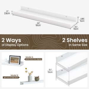 Picture Ledge Shelf, Pine Wood Floating Shelves Set of 2, 24 inch Nursery Book Shelves, Photo Ledge Book Shelves Wall Mounted for Living Room Kids' Room Bedroom - White