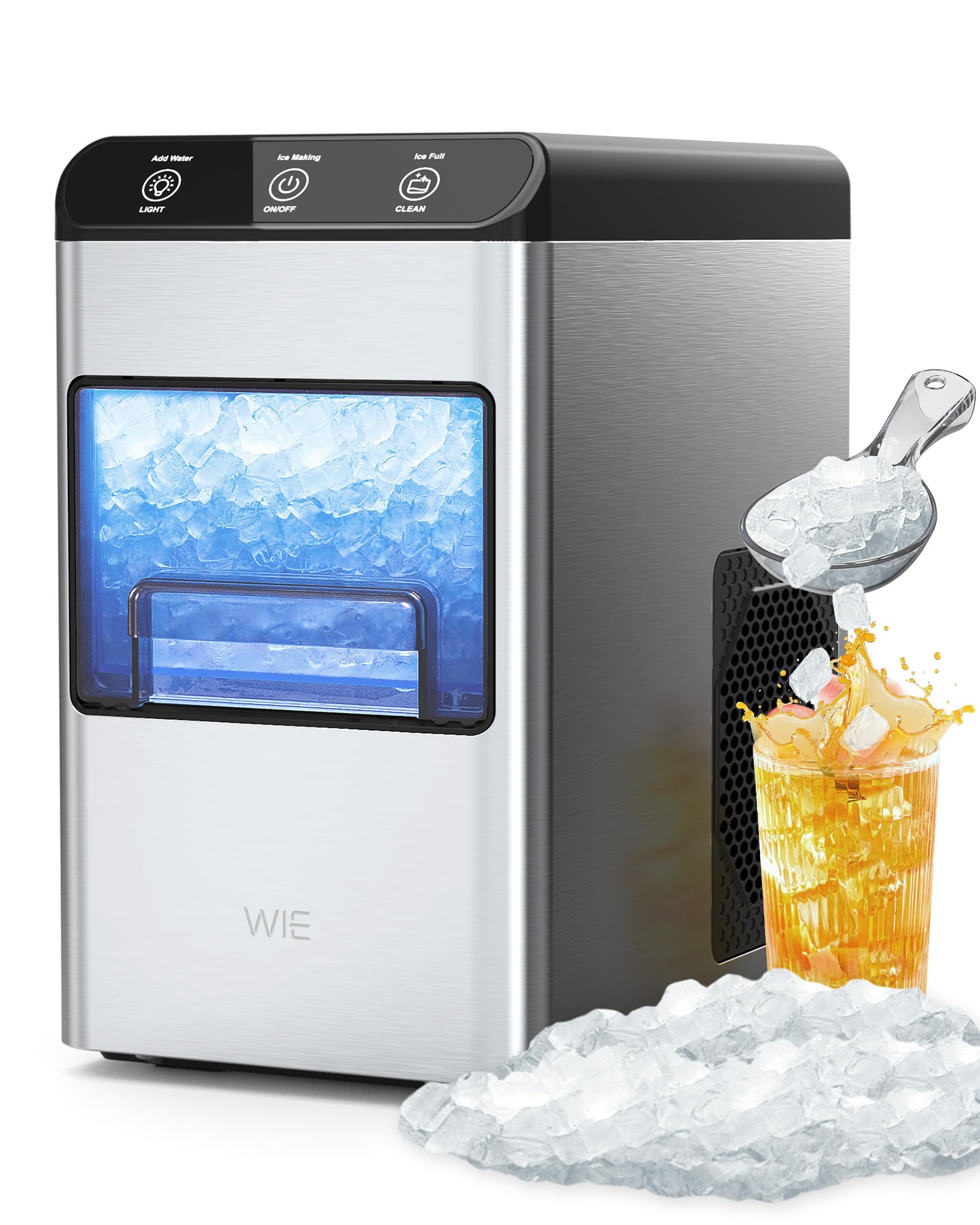 WIE Nugget Countertop Ice Maker, 37lbs/24H Soft Chewable Pebble Portable Ice Machine, One-Click Self-Cleaning Sonic Ice,for Home Kitchen Office, LED Night Light Ice Basket/Ice Scoop Stainless Steel