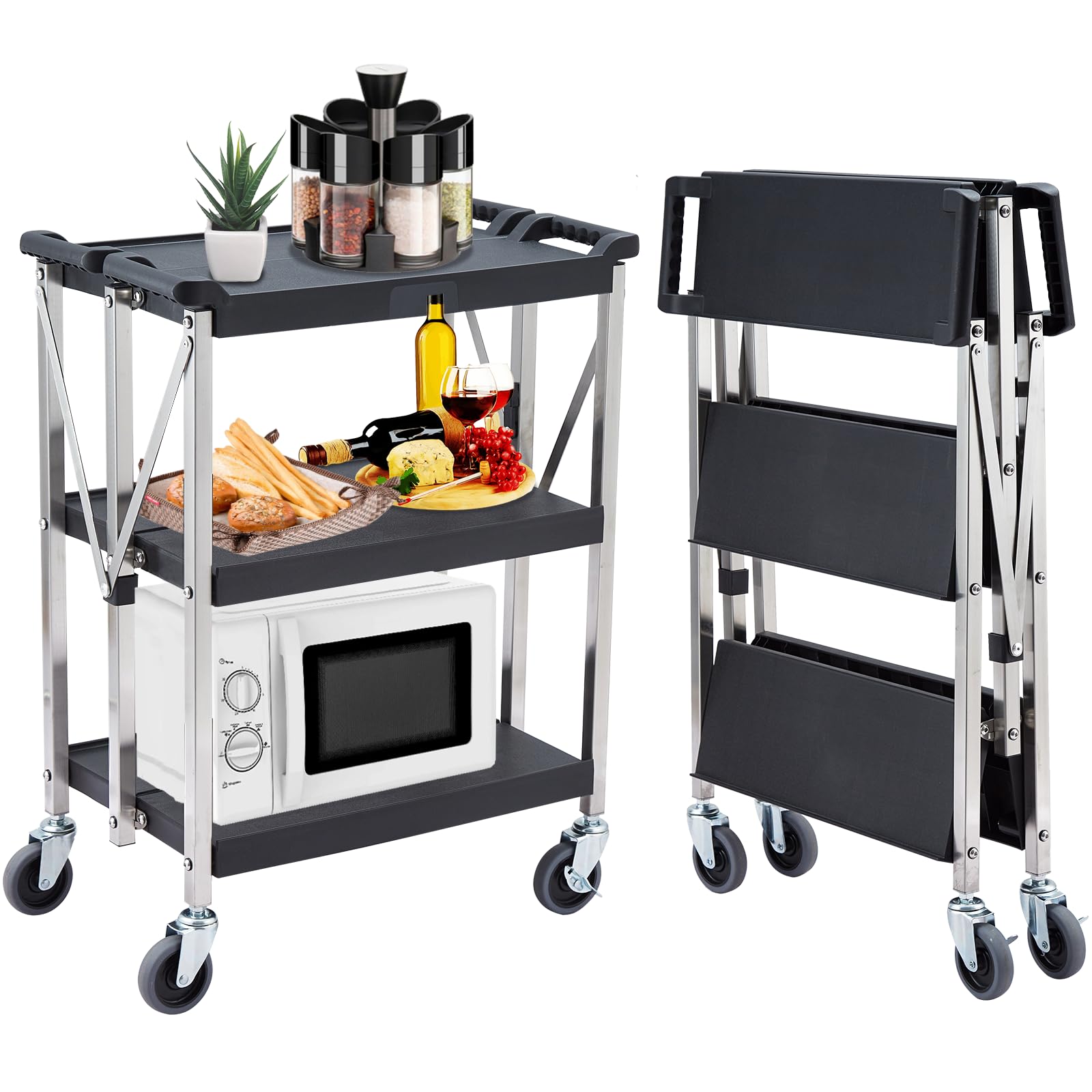 Foldable Utility Service Cart w/ 360°Swivel Wheels Lockable, 330Lbs Load Capacity, XL 3-Tier Tool Carts for Restaurant Garage Office Outdoor Storage and Transport, Stainless Steel Frame